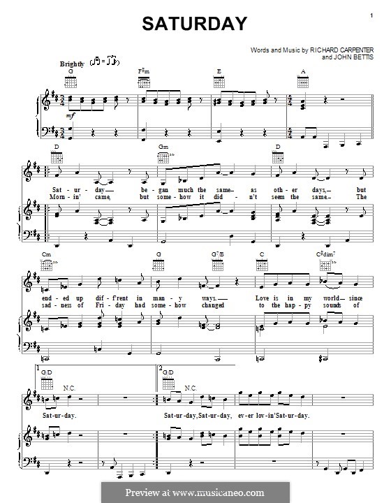 Saturday (Carpenters) von J. Bettis, R. Carpenter - Noten auf MusicaNeo