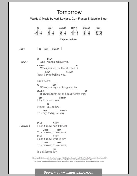Tomorrow por A. Lavigne, C. Frasca, S. Breer - Partituras on músicaNeo