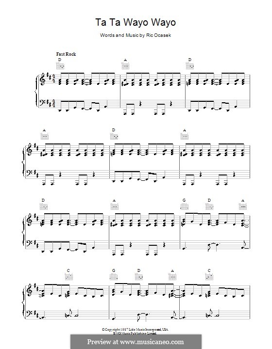 Ta Ta Wayo Wayo (The Cars) por R. Ocasek - Partituras on músicaNeo