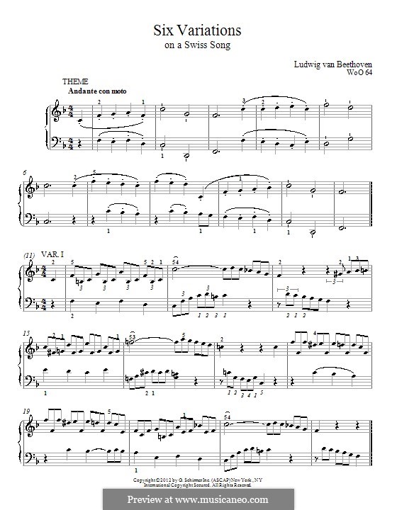 Six Easy Variations on Swiss Song for Piano, WoO 64 por L.v. Beethoven ...