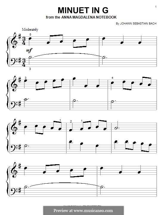 И.С. Бах: No.4 Менуэт соль мажор, для фортепиано, BWV Anh.114 (Нотная ...