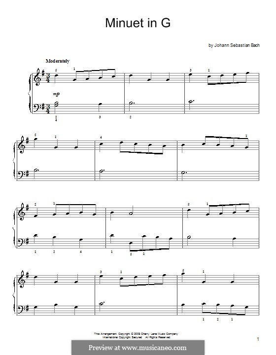 И.С. Бах: No.4 Менуэт соль мажор, для фортепиано, BWV Anh.114 (Нотная ...