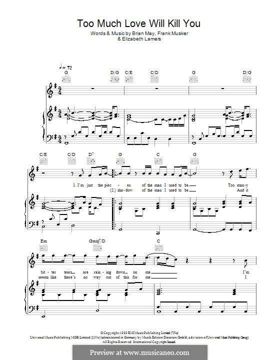 B. May, E. Lamers, F. Musker: Too Much Love Will Kill You ноты на MusicaNeo