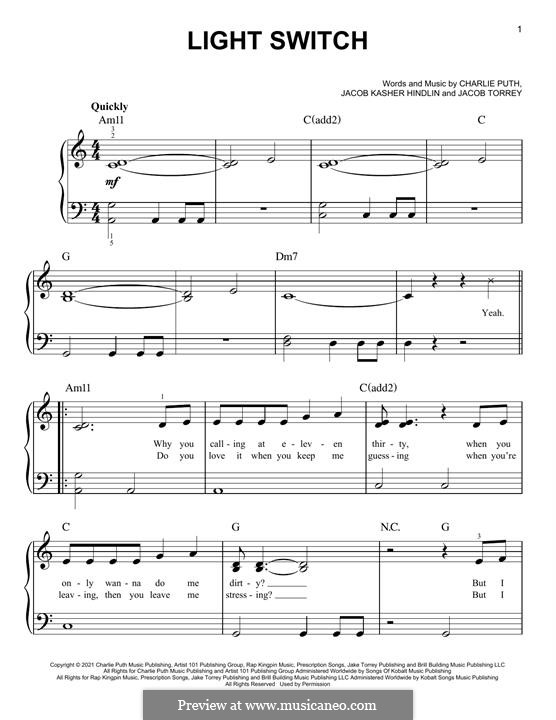 J. Kasher Hindlin: Light Switch (Charlie Puth) ноты на MusicaNeo