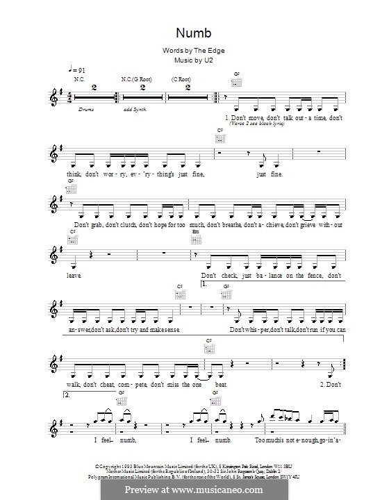 U2: Numb ноты на MusicaNeo